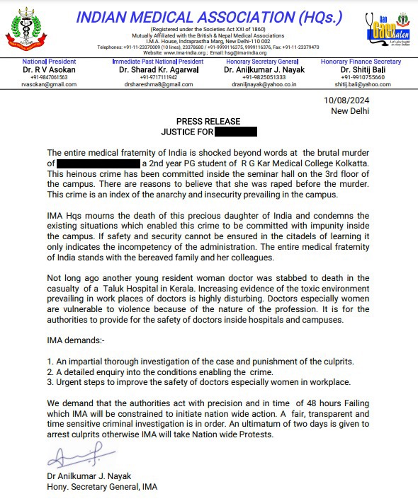 R G Kar Doctor Murder: IMA Issues Ultimatum To Govt, 'Arrest Culprits Within 48 Hours Or Face ...